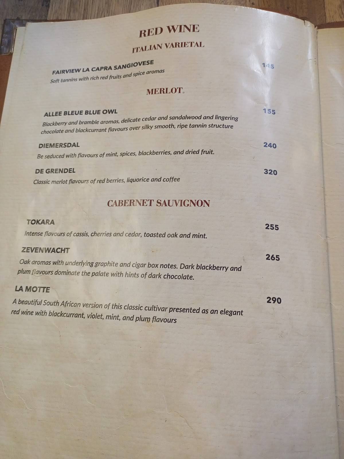 Menu at Remo's Italian restaurant, Port Elizabeth