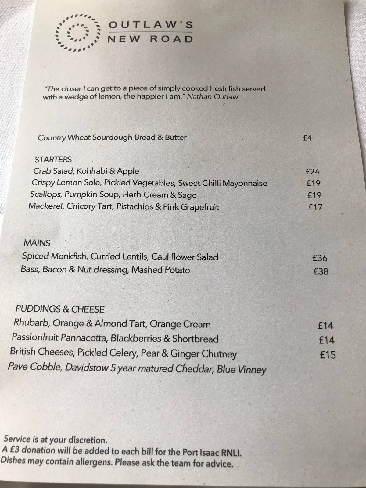 Menu at Outlaw's New Road restaurant, Port Isaac