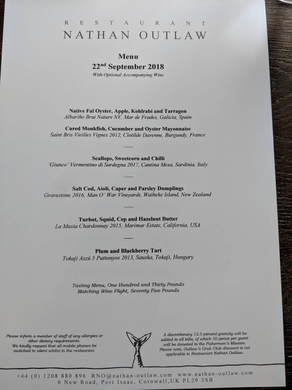 Menu at Outlaw's New Road restaurant, Port Isaac