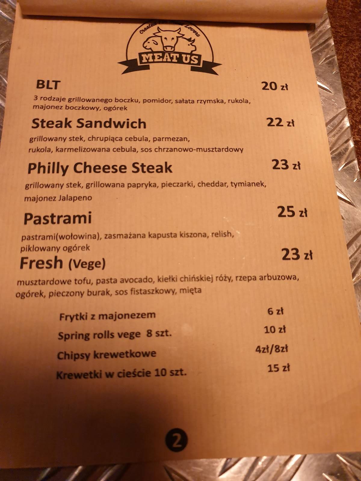 Menu at Meat Us restaurant, Poznań