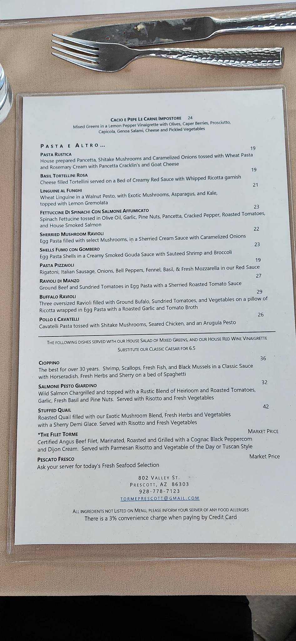 Menu at Torme restaurant, Prescott