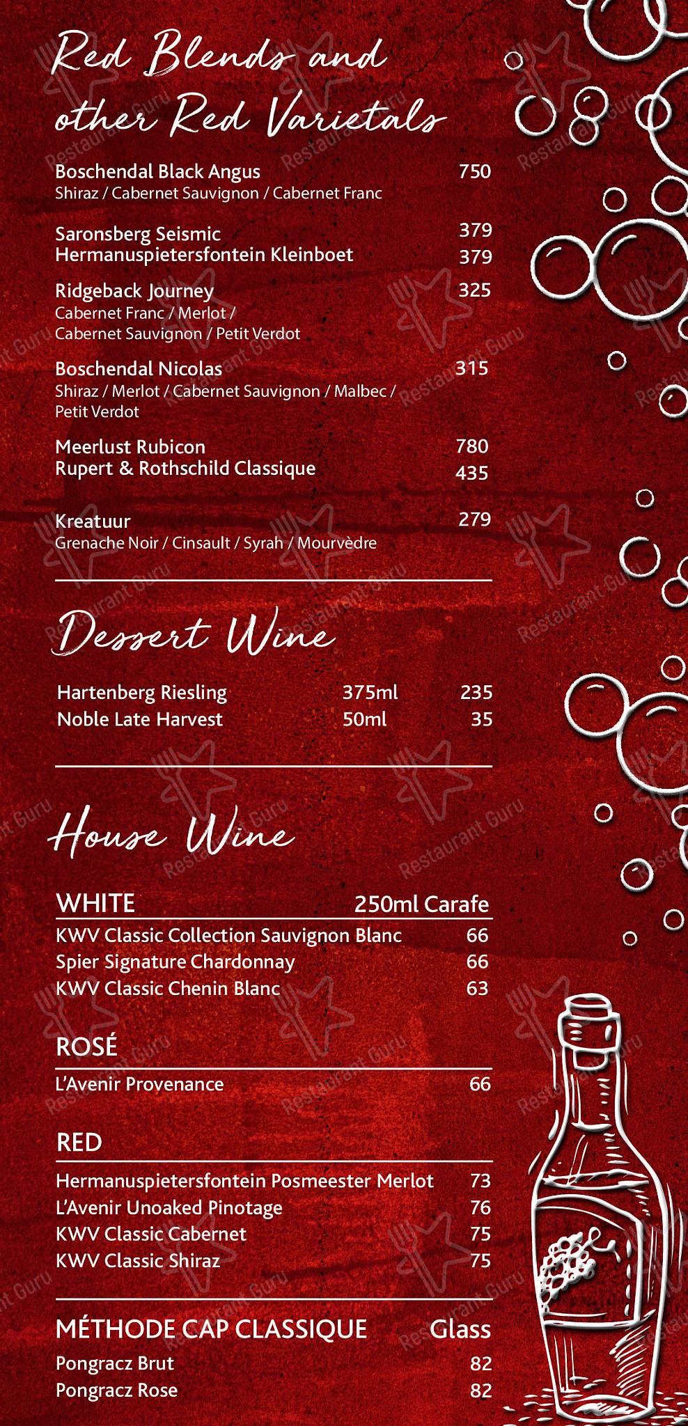 Menu at Blu Saffron restaurant, Pretoria