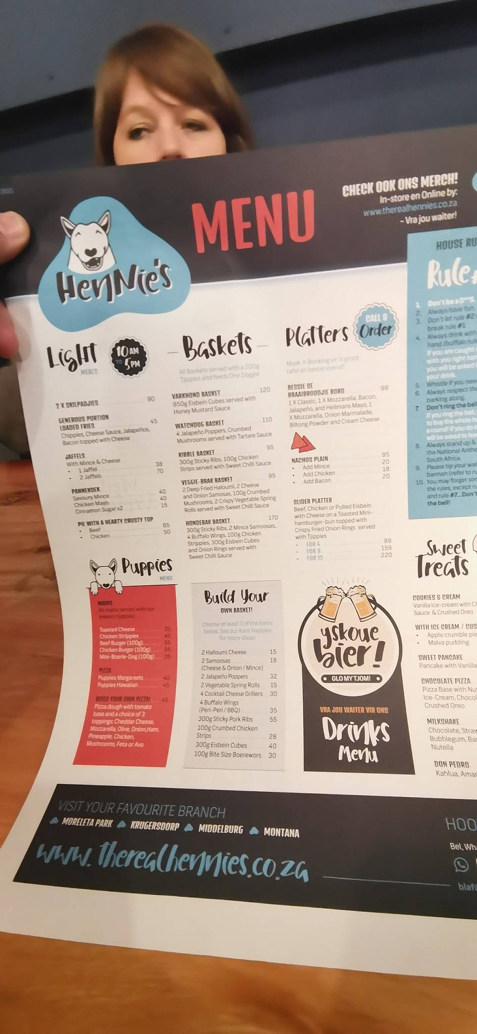 Menu at Hennie's Montana Restaurant, Pretoria