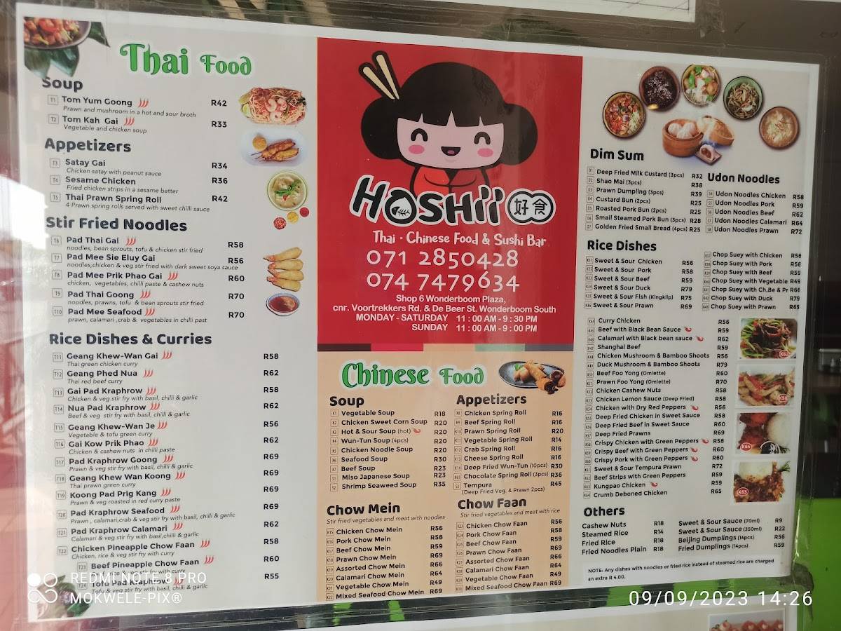 Menu at Hoshii Wonderboom South restaurant, Pretoria