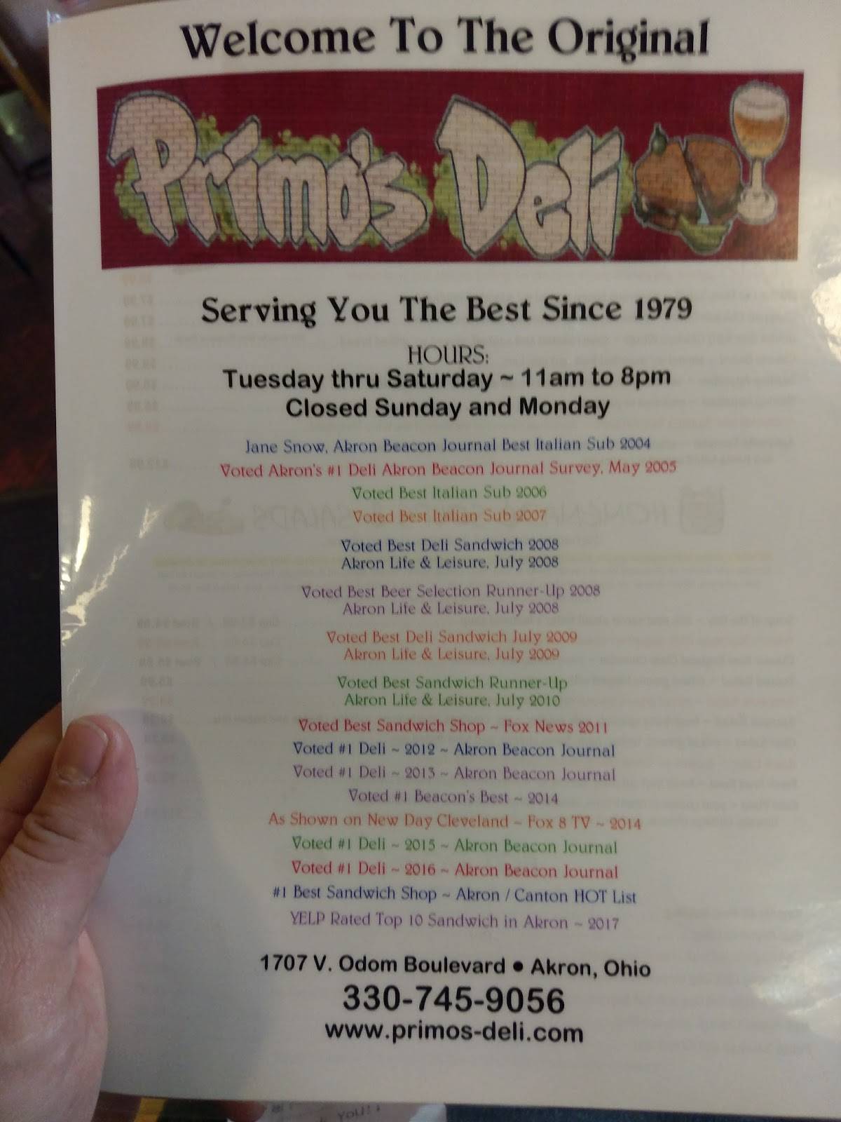 Menu at Primo's Deli restaurant, Akron