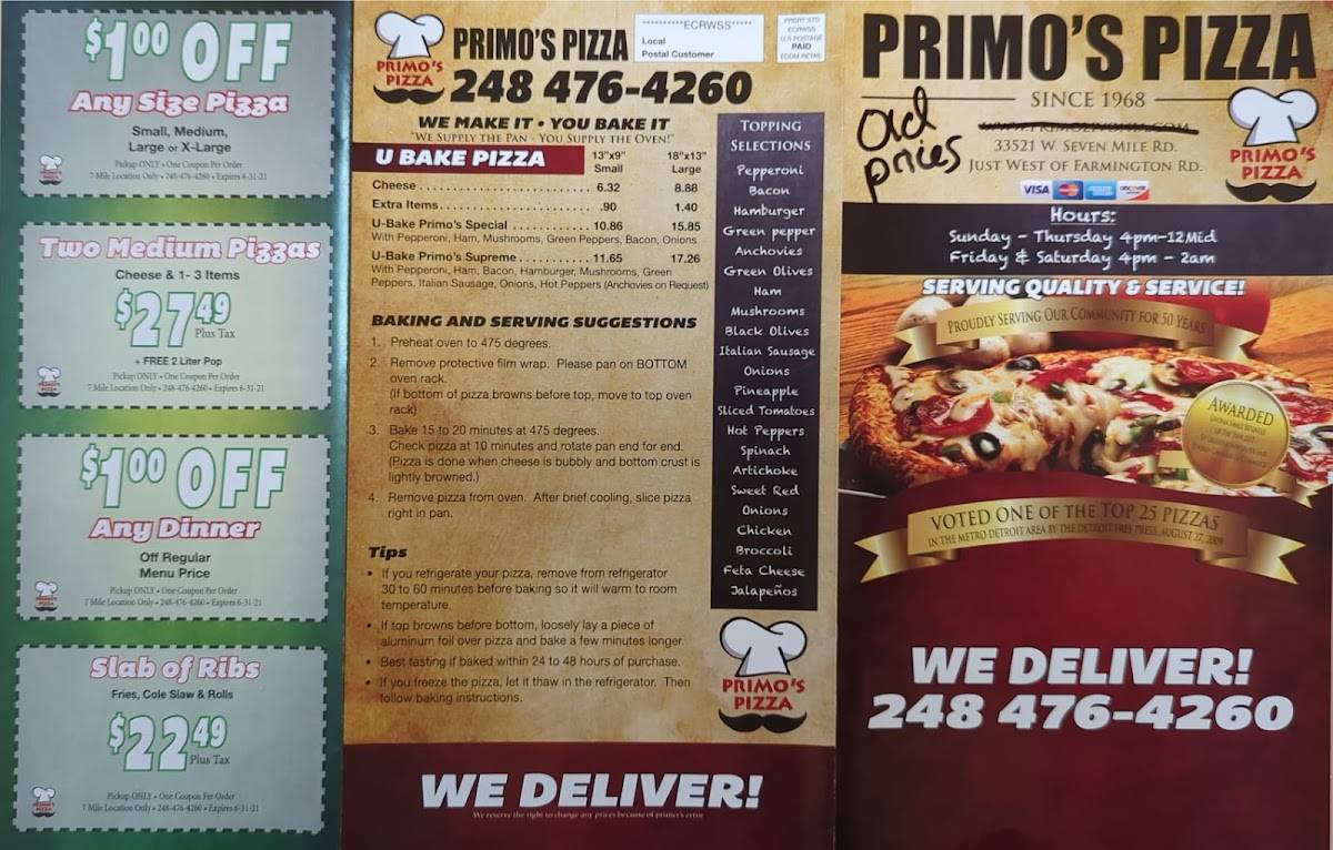 Menu at Primo's Pizzeria, Livonia, W Seven Mile Rd
