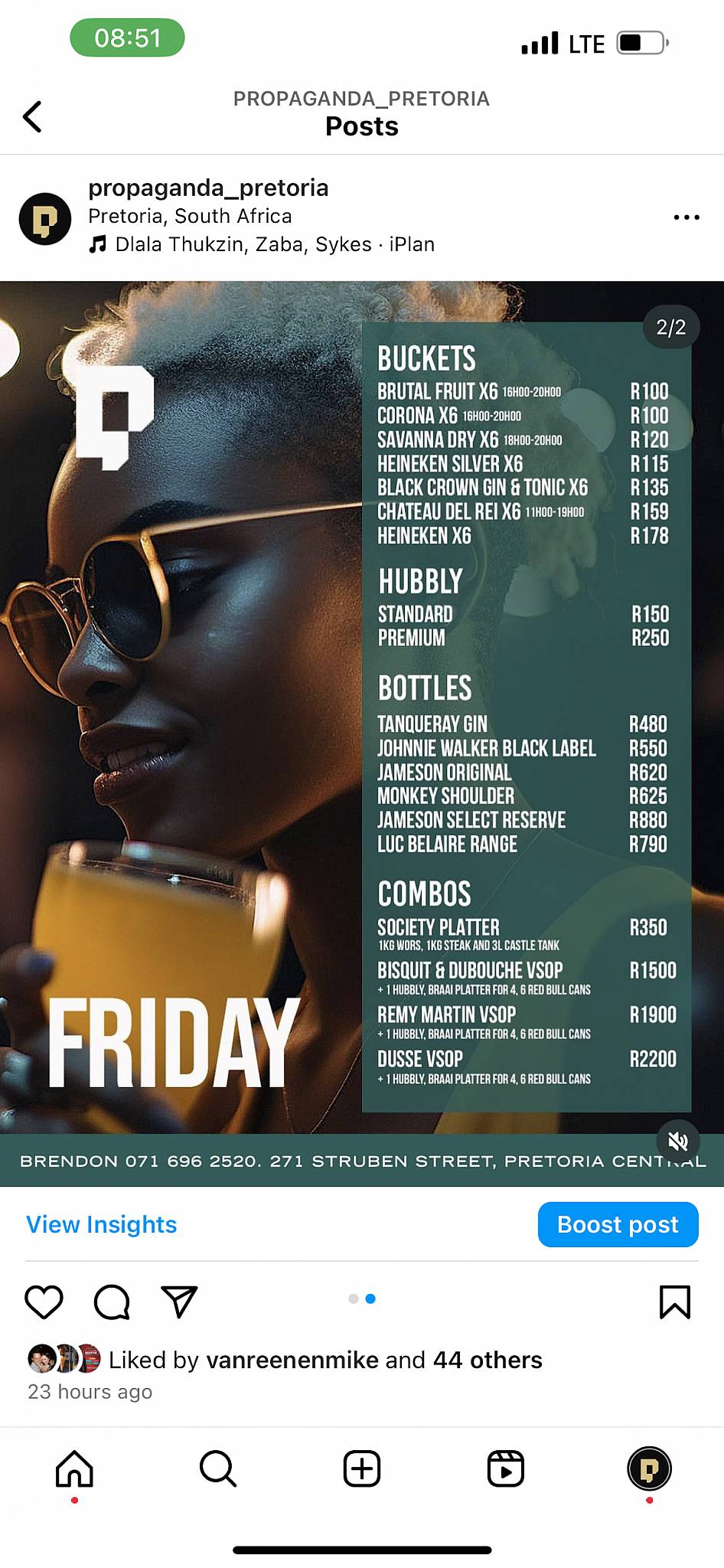 Menu at Propaganda Pretoria club, Pretoria