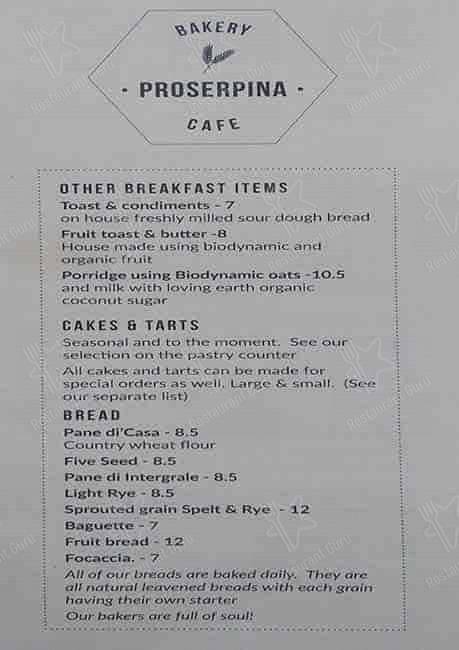 Menu at Proserpina Bakehouse. restaurant, Sassafras