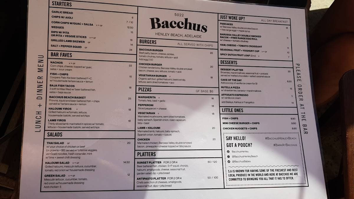 Menu at Bacchus Bar, Henley Beach, 253 Esplanade