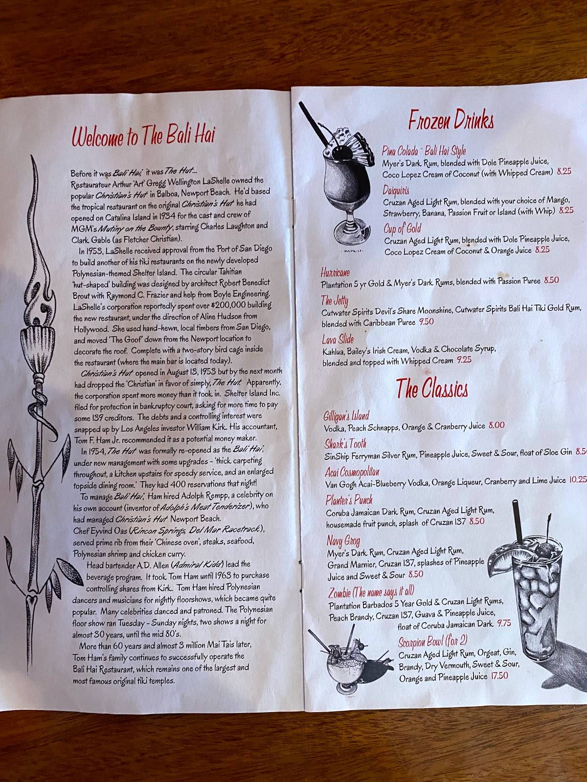 Menu at Bali Hai Restaurant, San Diego
