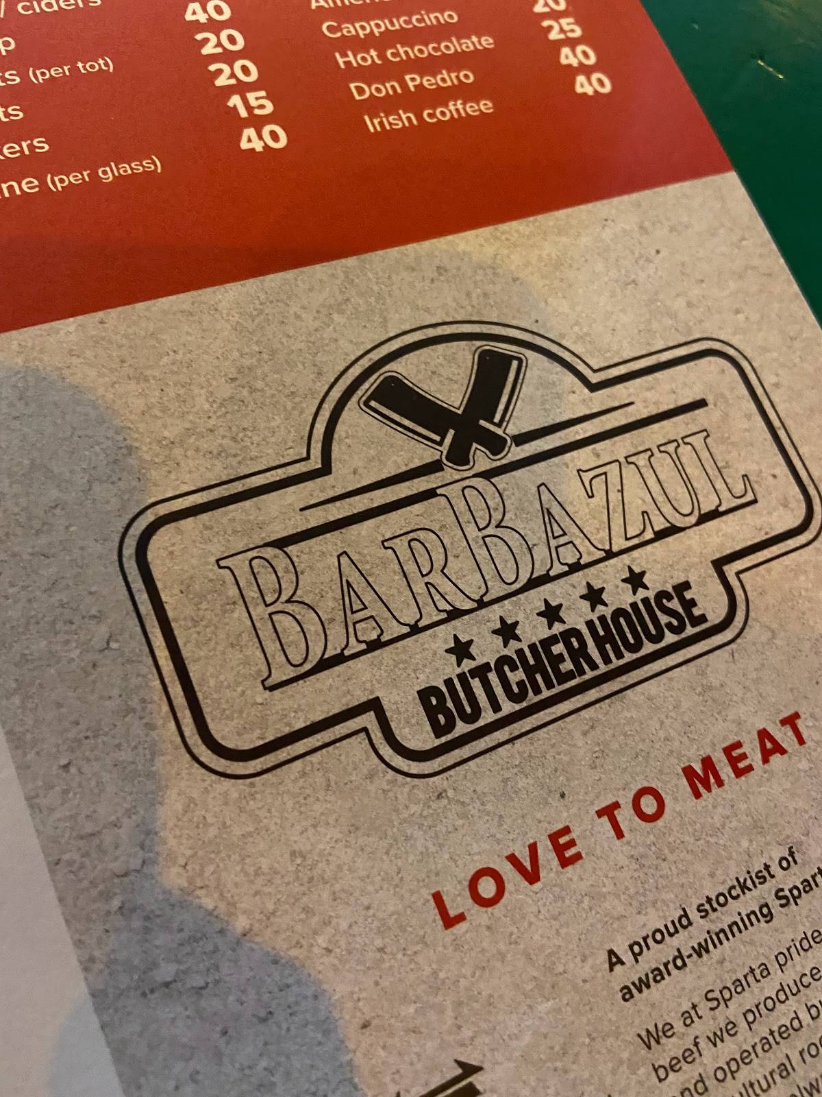 Menu at BarBazul, Welkom