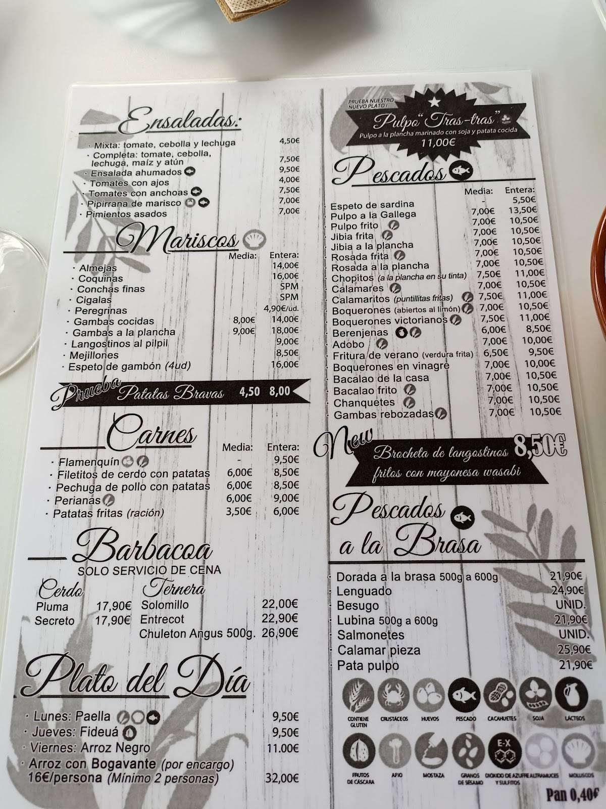 Carta del pub y bar Chiringuito El Boquerón, Torre del Mar