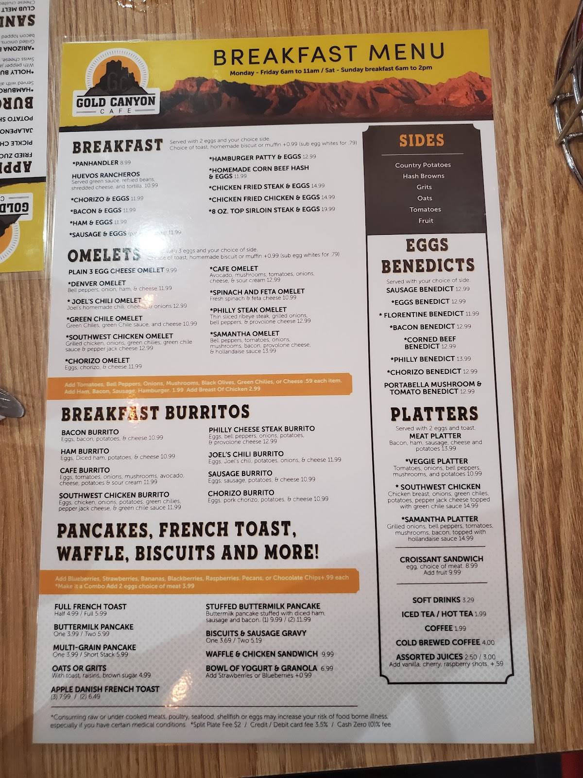 Menu at Gold Canyon Cafe, Gold Canyon, US-60 #107