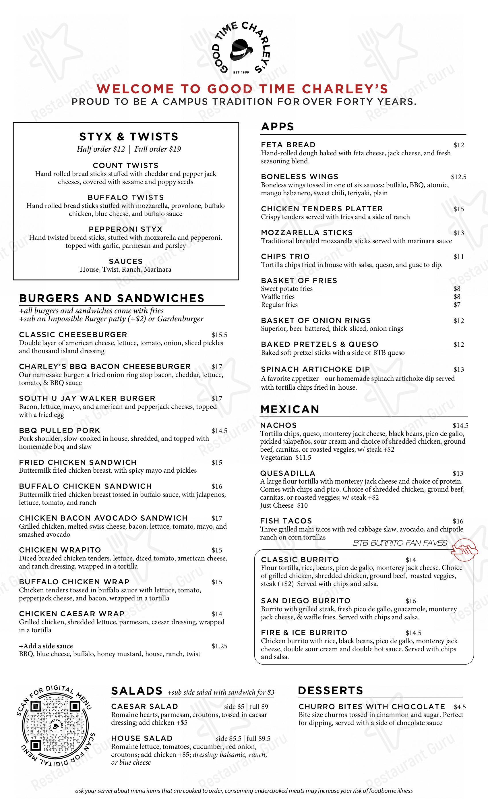 Menu at Good Time Charley's pub & bar, Ann Arbor