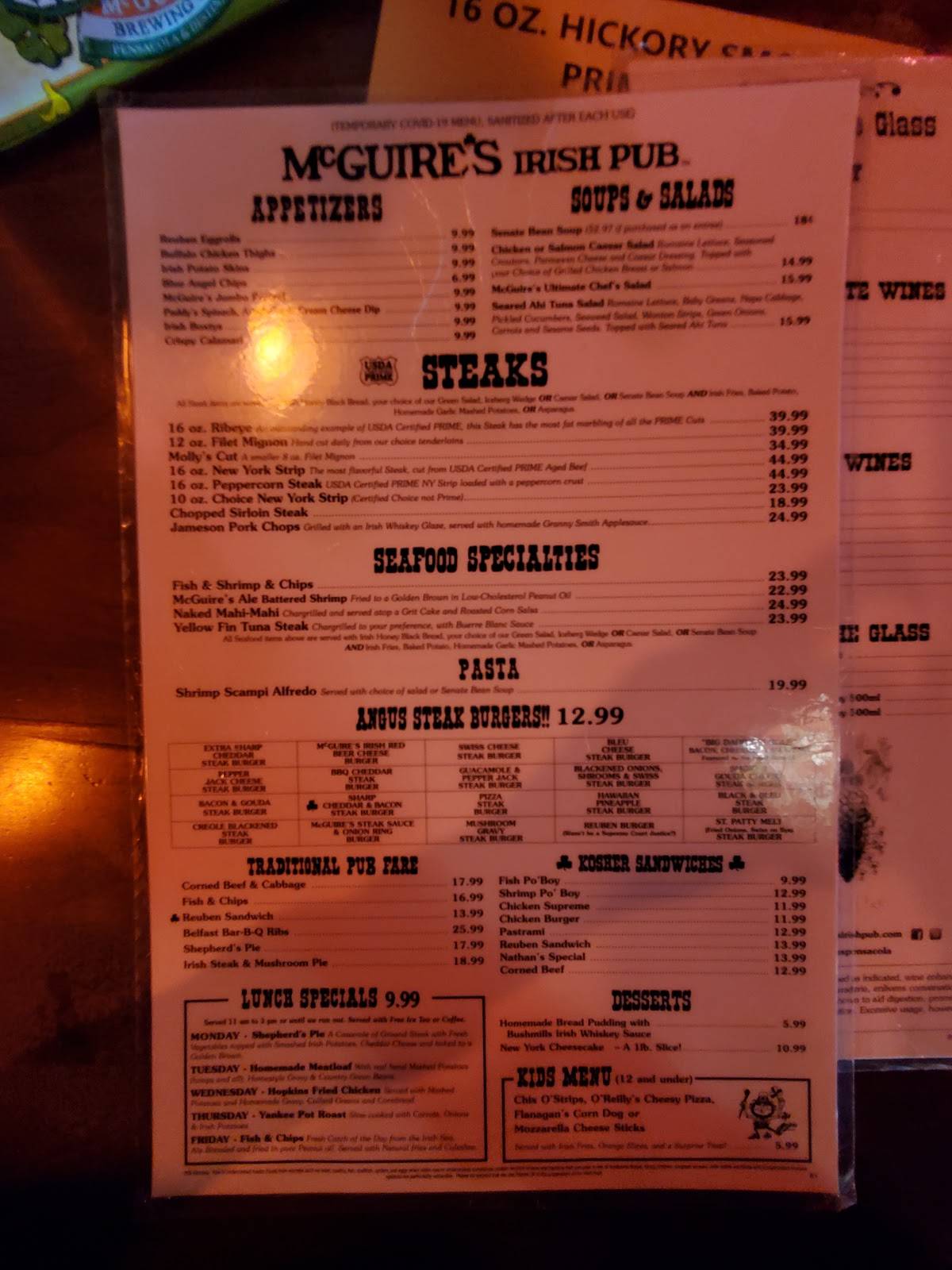 Menu at McGuire's Irish Pub, Pensacola
