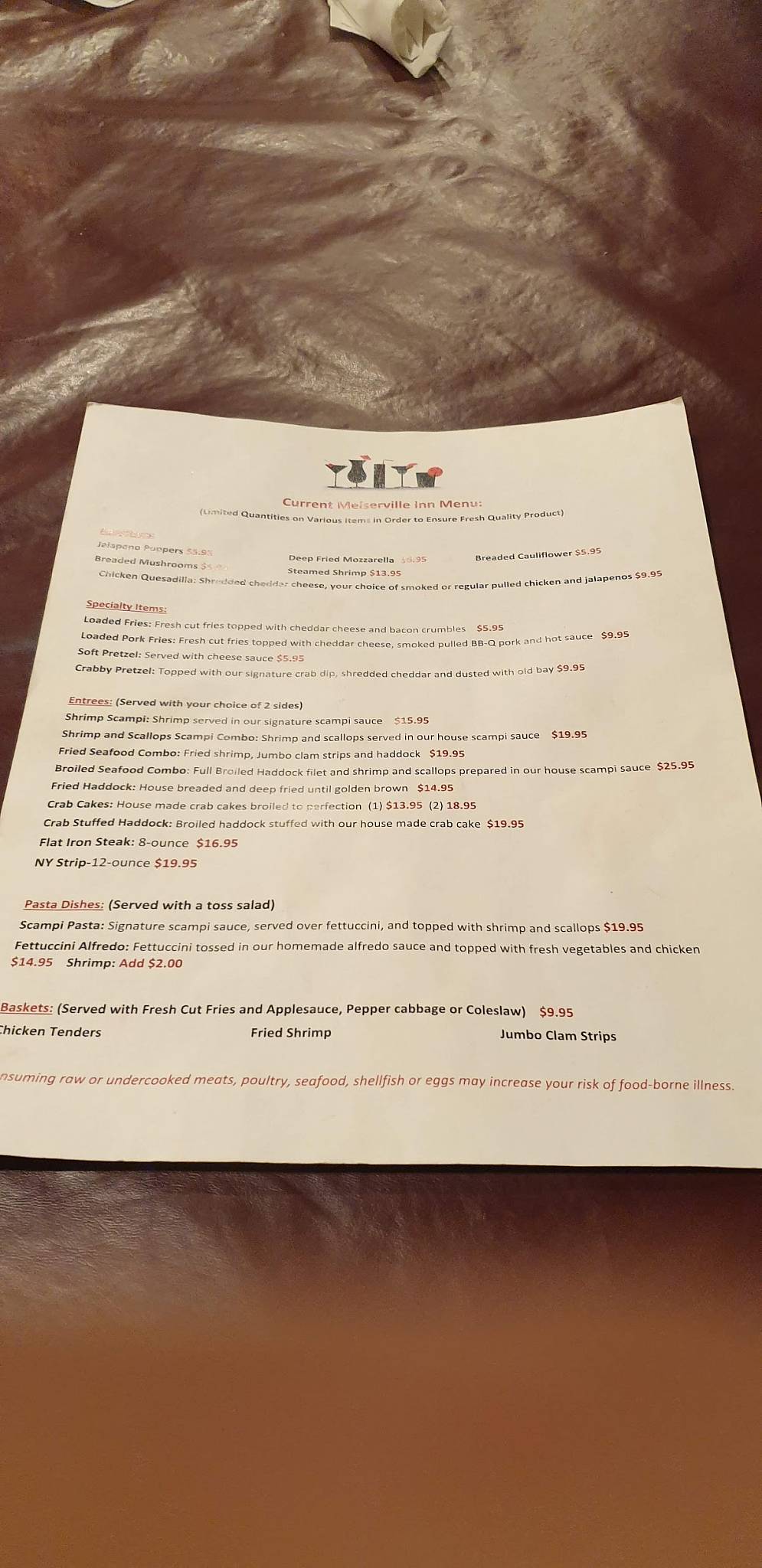 Menu at Meiserville Inn pub & bar, USA, PA-104
