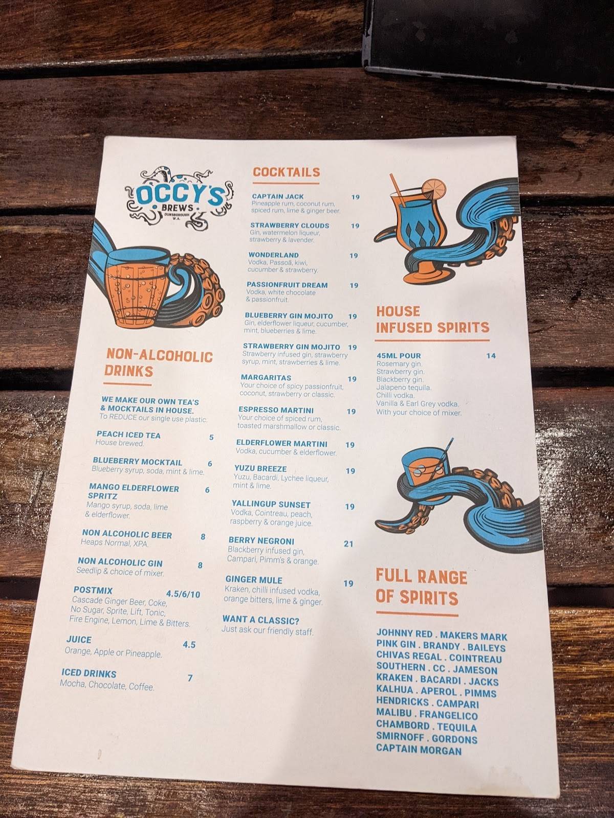 Menu at Occy's restaurant, Dunsborough, 12/34 Dunn Bay Rd