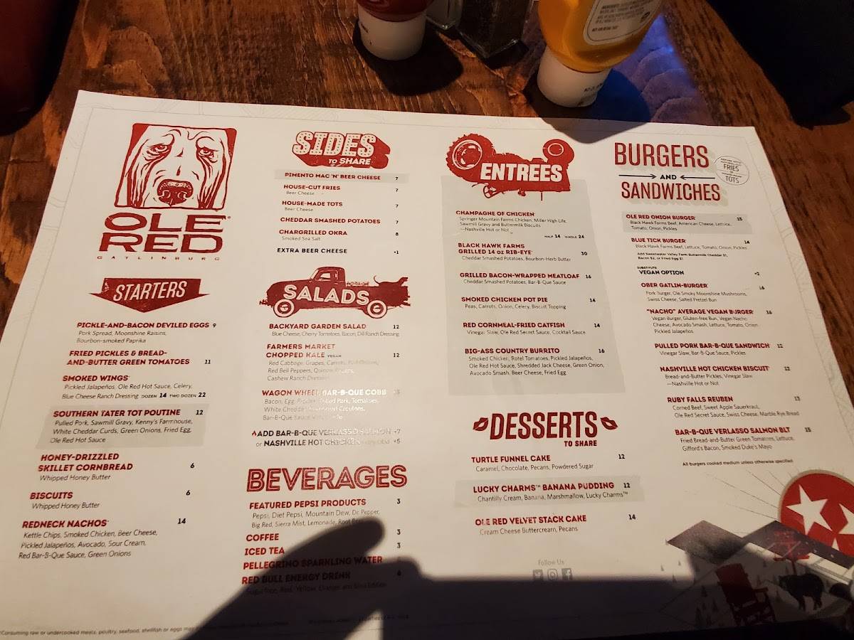Menu at Ole Red pub & bar, Gatlinburg