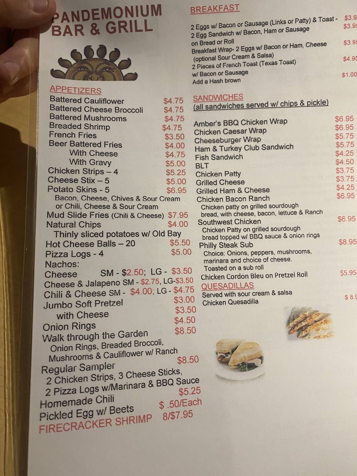 Menu at Pandemonium Bar & Grill, Shermans Dale
