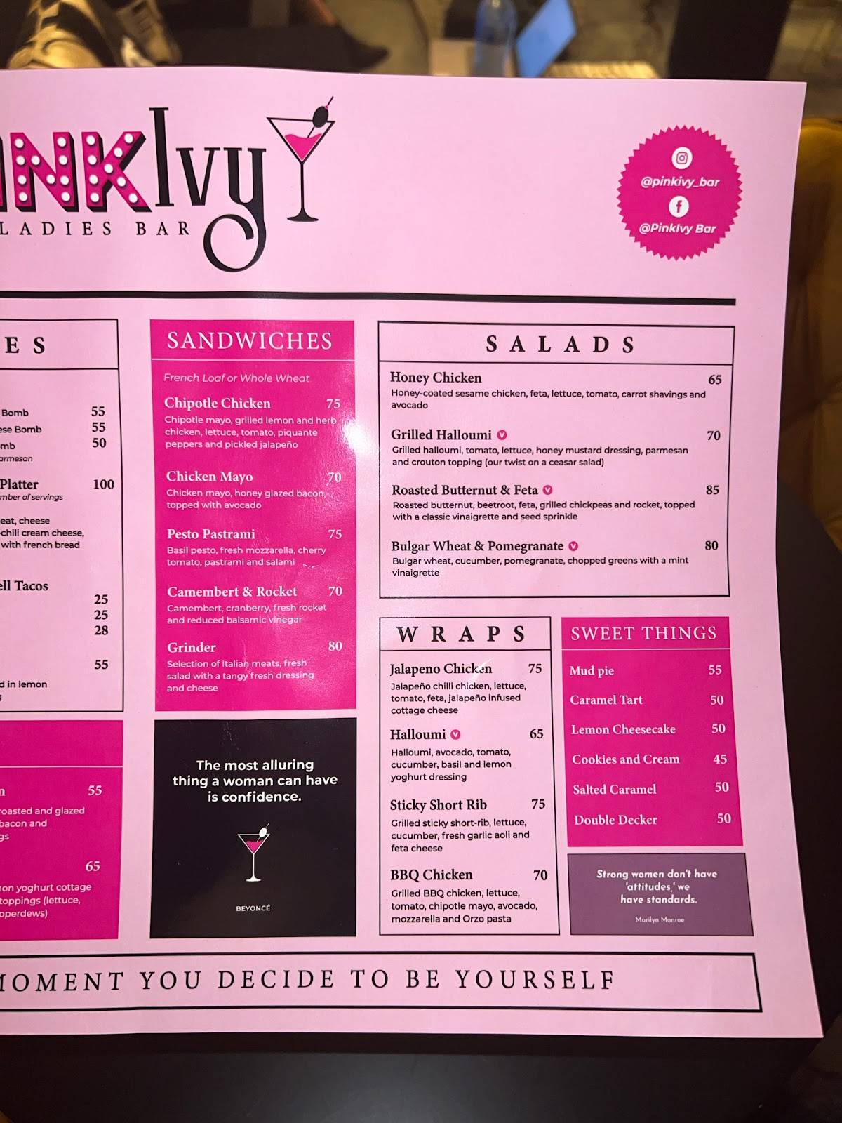 Menu at Pink Ivy Ladies bar, Boksburg