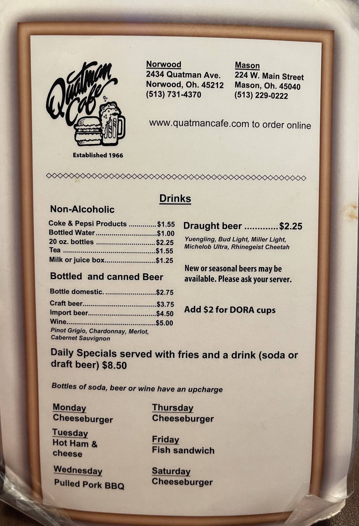 Menu at Quatman Café pub & bar, Mason