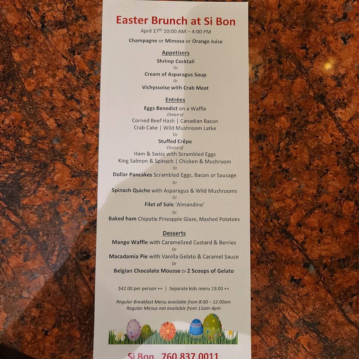 Menu at Si Bon pub & bar, Rancho Mirage
