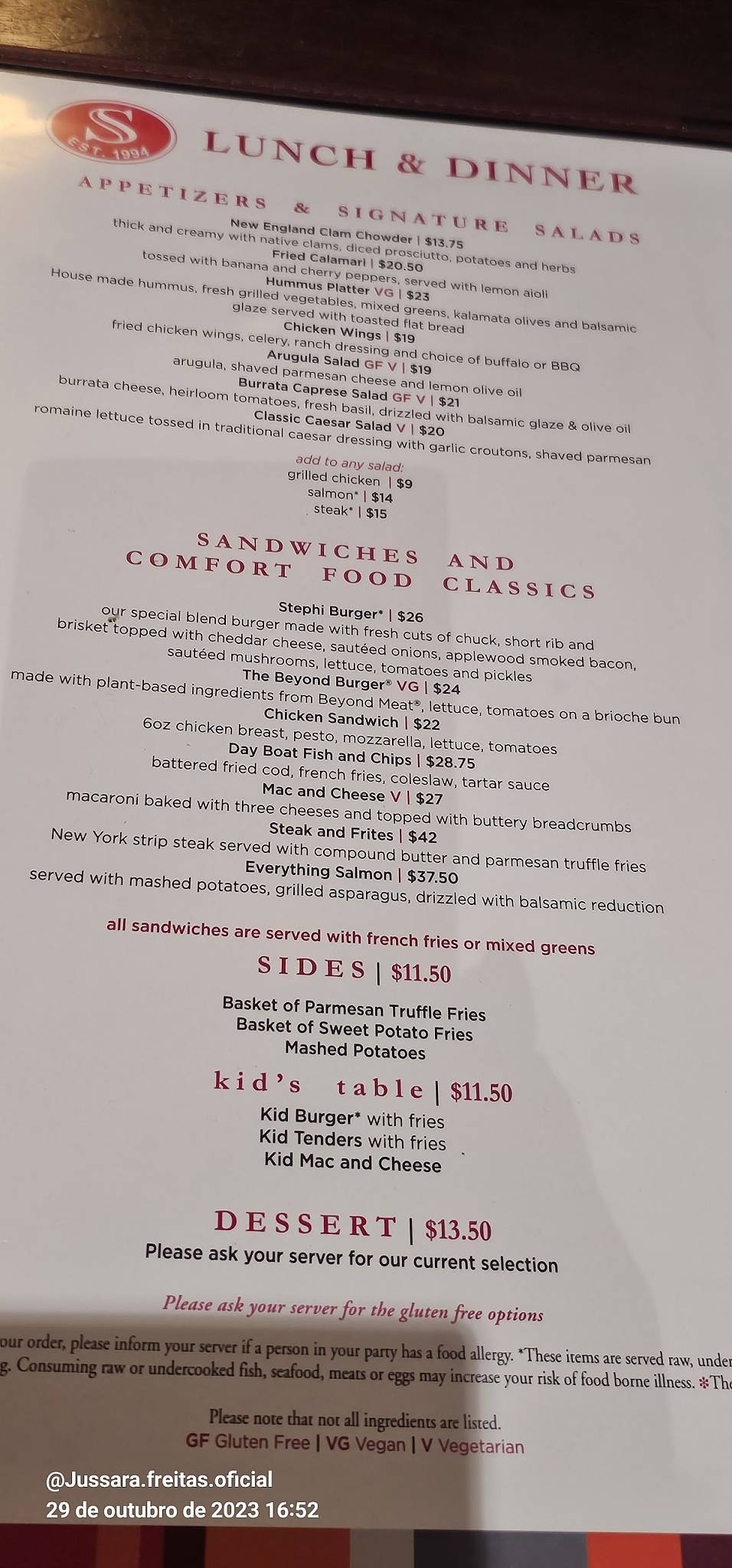 Menu at Stephanie's pub & bar, Boston, Logan Airport Terminal B