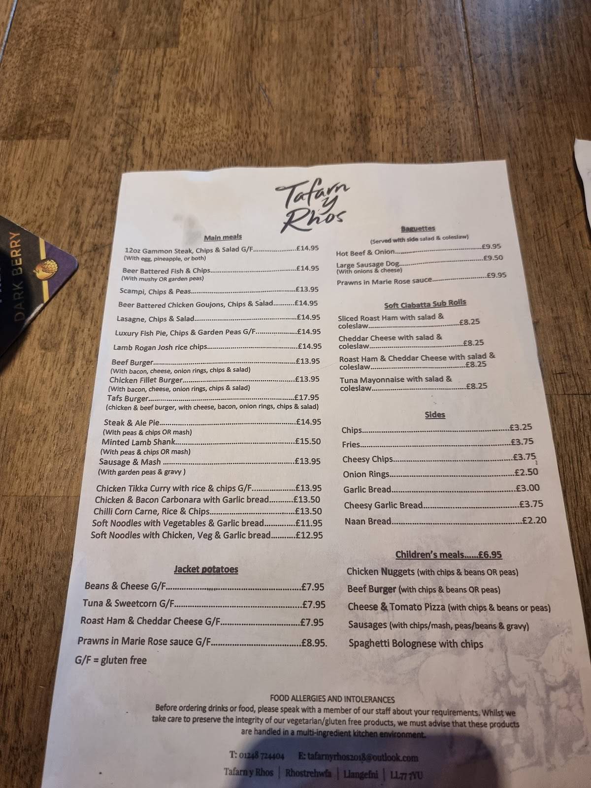Menu at Tafarn Y Rhos pub & bar, Llangefni
