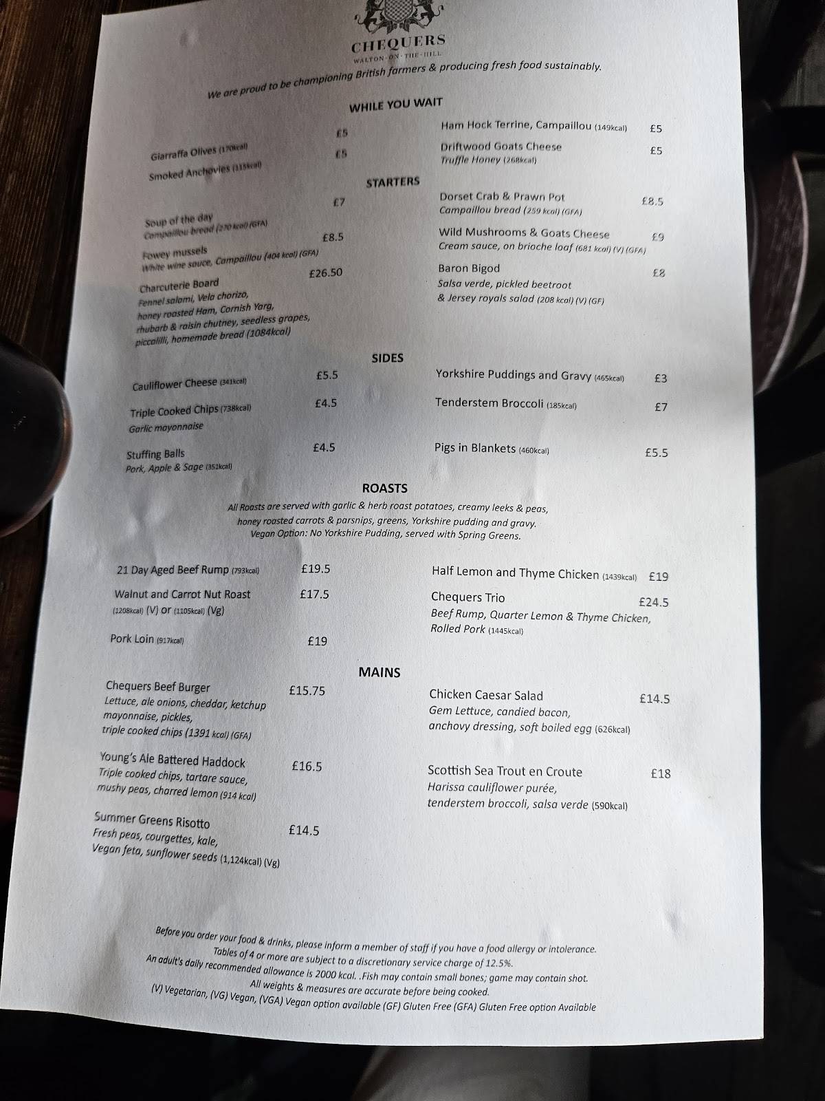 Menu at The Chequers pub & bar, Walton on the Hill