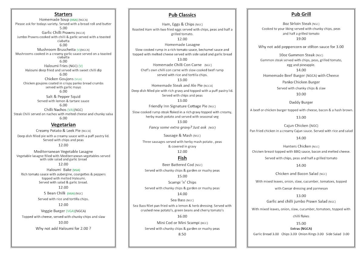 Menu at The Friendly Inn pub & bar, Stretton-on-Dunsmore