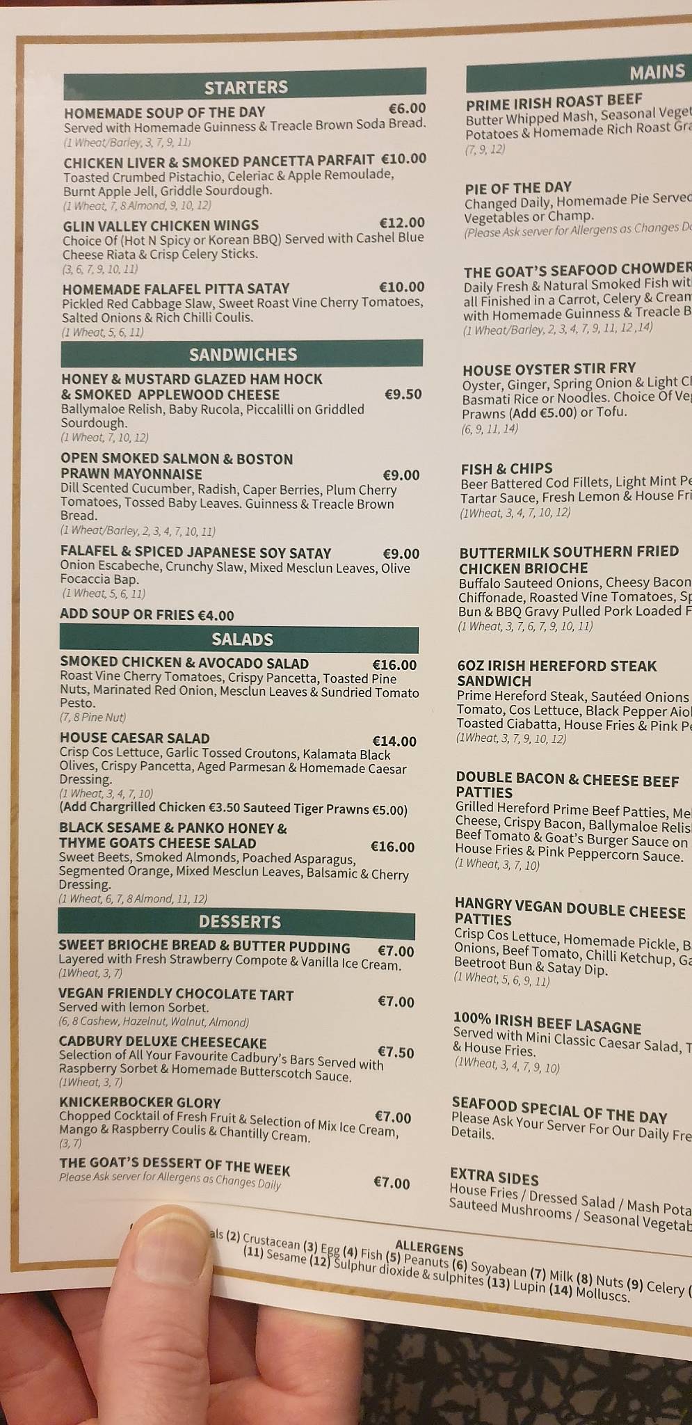 Menu at The Goat Bar & Grill, Dublin, 14 Lower Kilmacud Rd