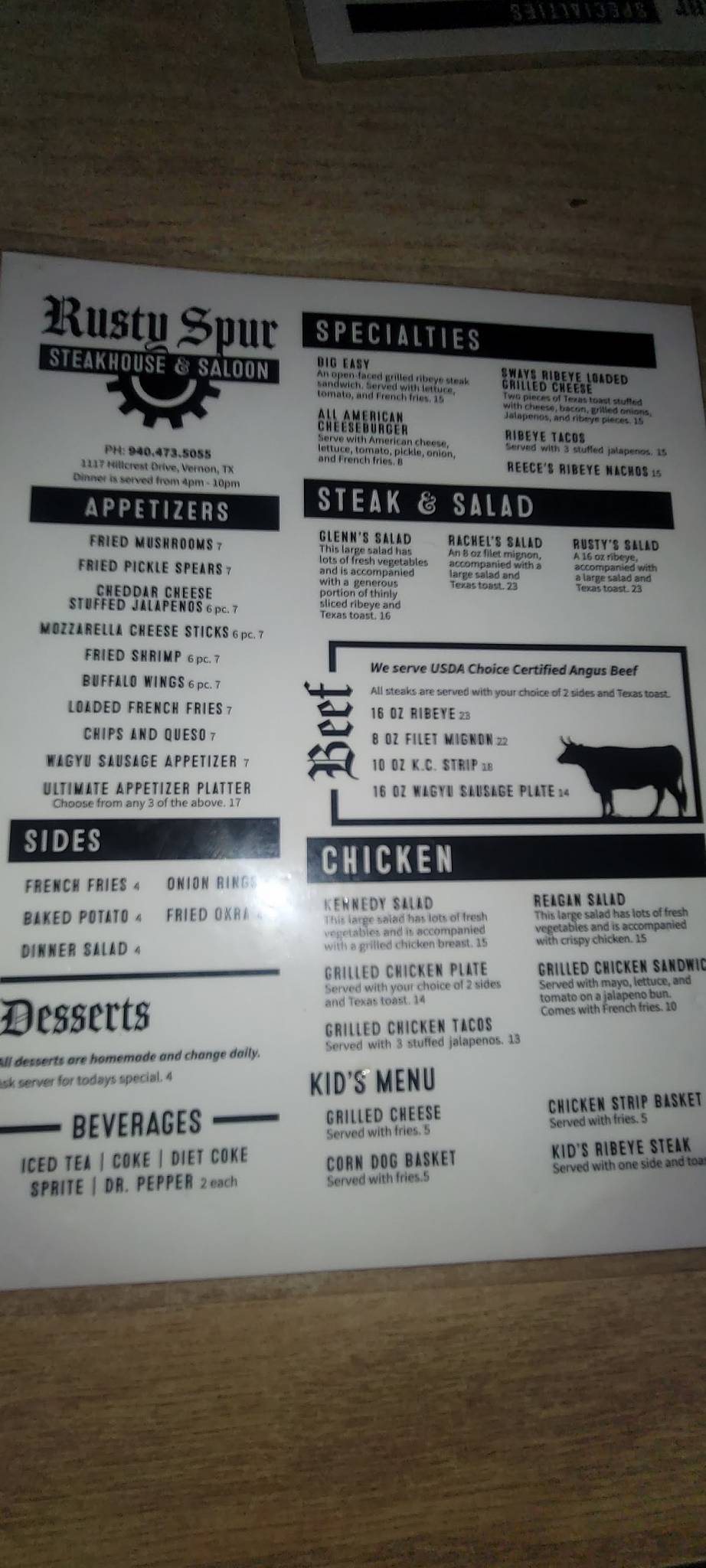 Menu at The Rusty Spur Steakhouse & Saloon, Vernon