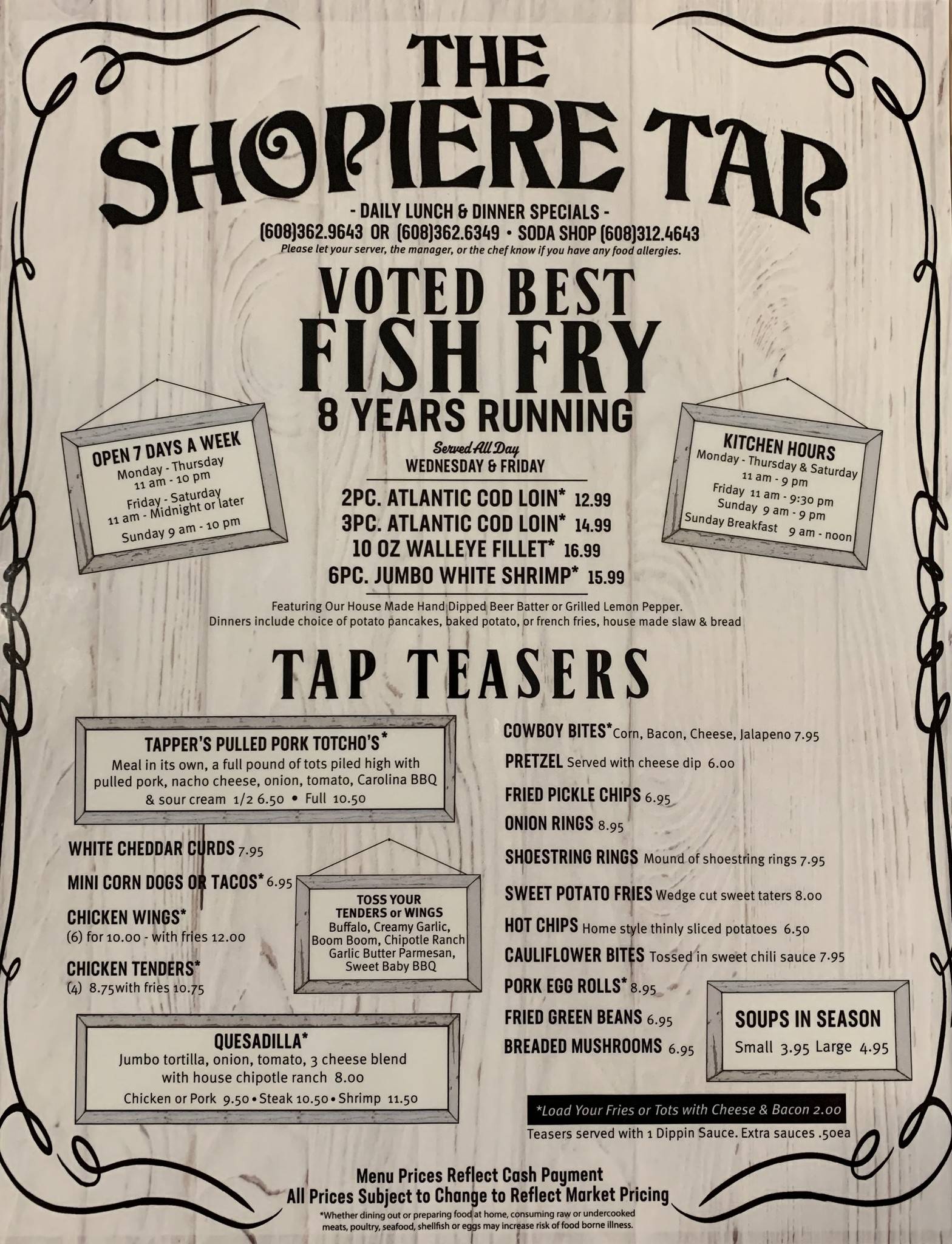 Menu at The Shopiere Tap pub & bar, Shopiere, E County Rd J