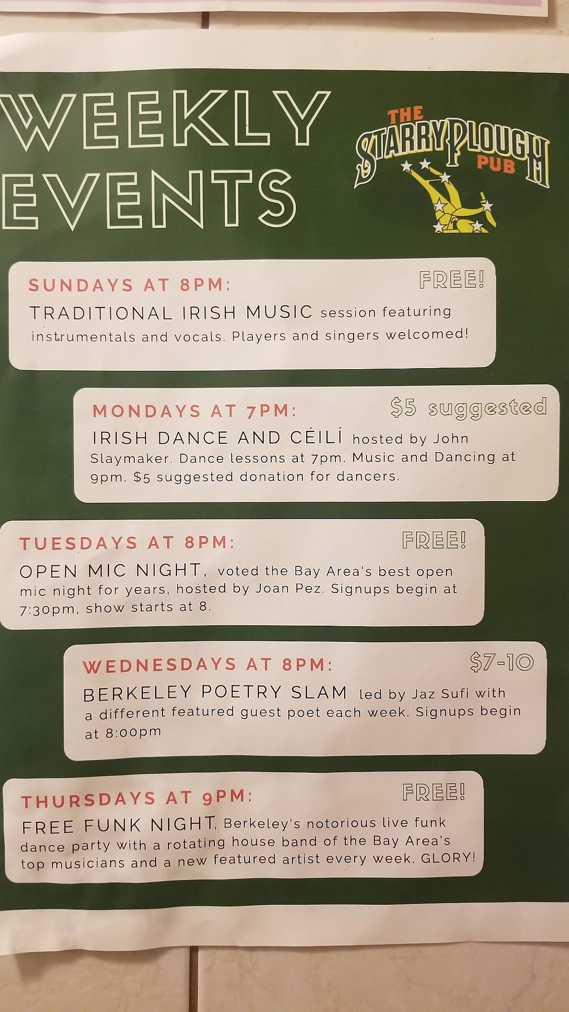 Menu at The Starry Plough Pub, Berkeley