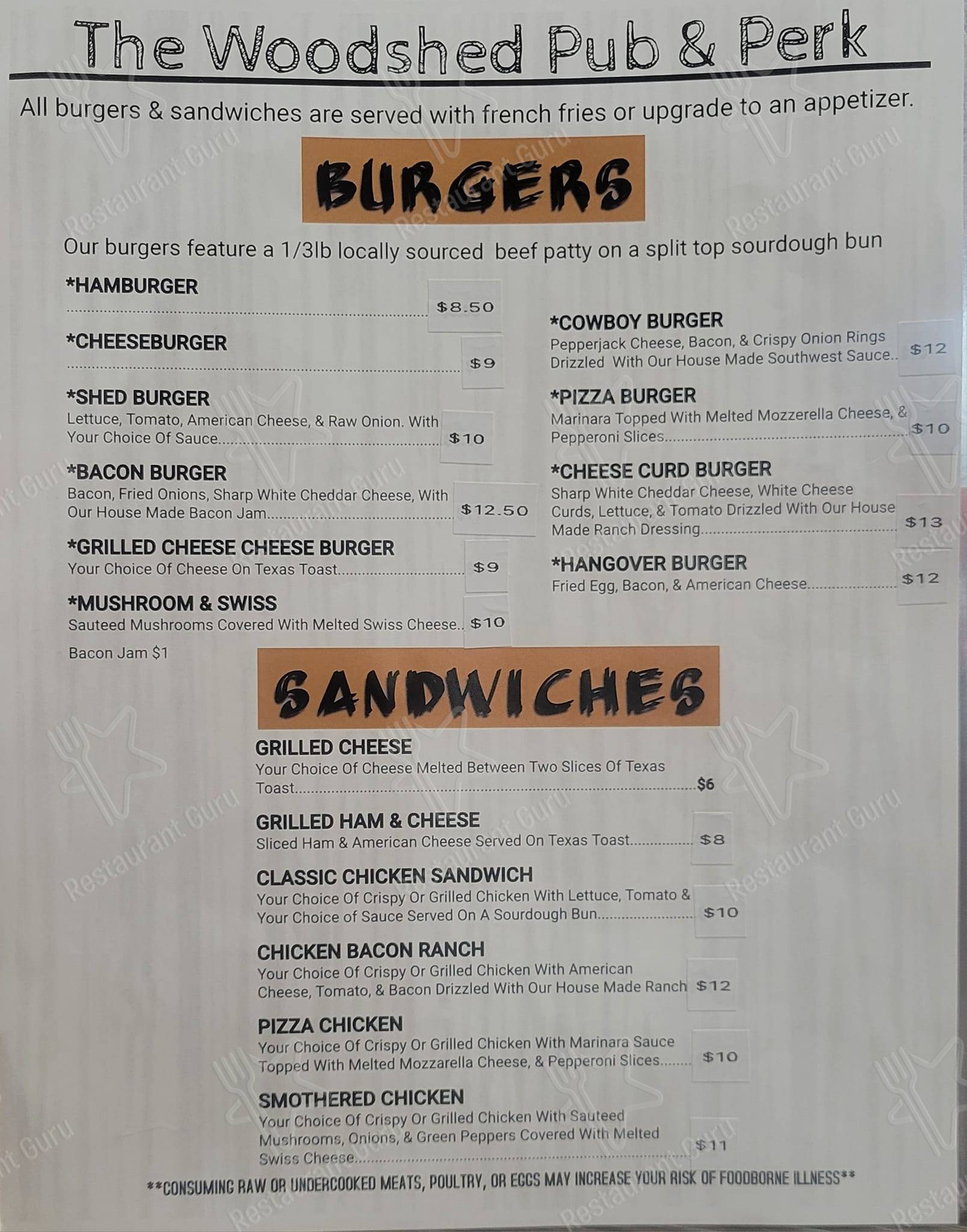 Menu at The Woodshed Pub & Perk, Coleman