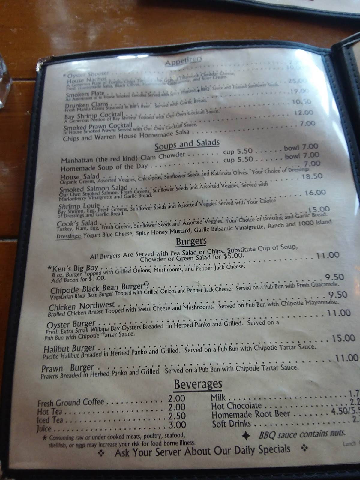 Menu at Warren House Pub, Cannon Beach