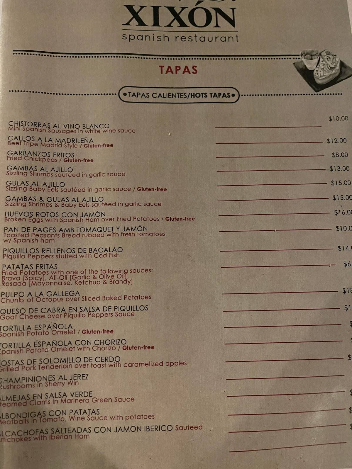 Menu at Xixón Spanish Restaurant, Miami