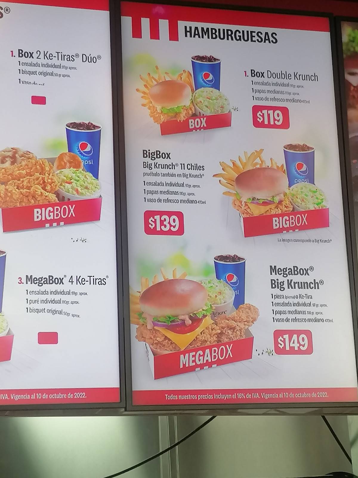 Menu at KFC restaurant, Puebla City, Monterrey 3