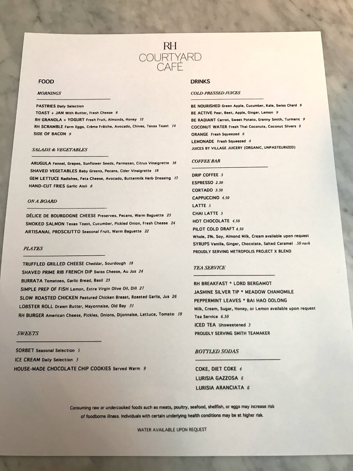 Menu at RH Courtyard Restaurant at RH Toronto, Toronto, Dufferin St