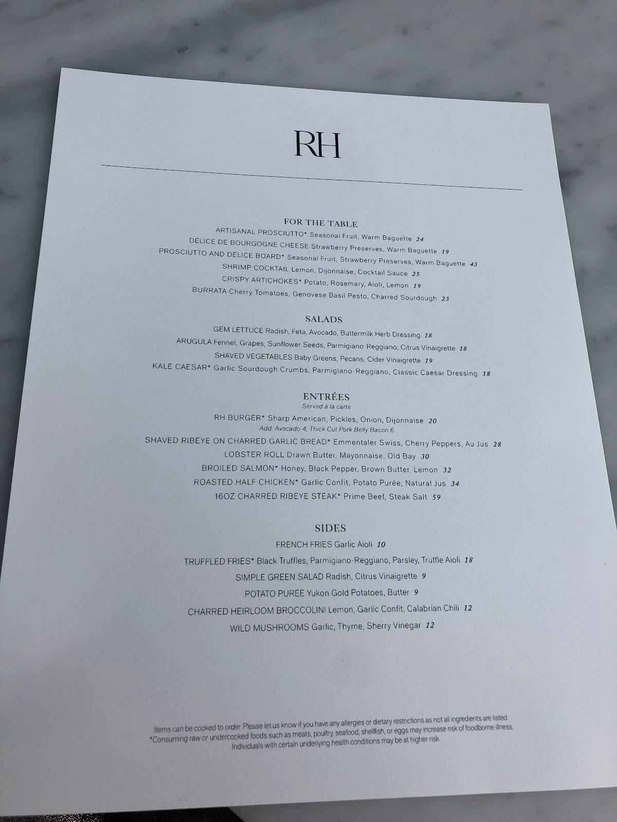 Menu at RH Rooftop Restaurant Charlotte, Charlotte