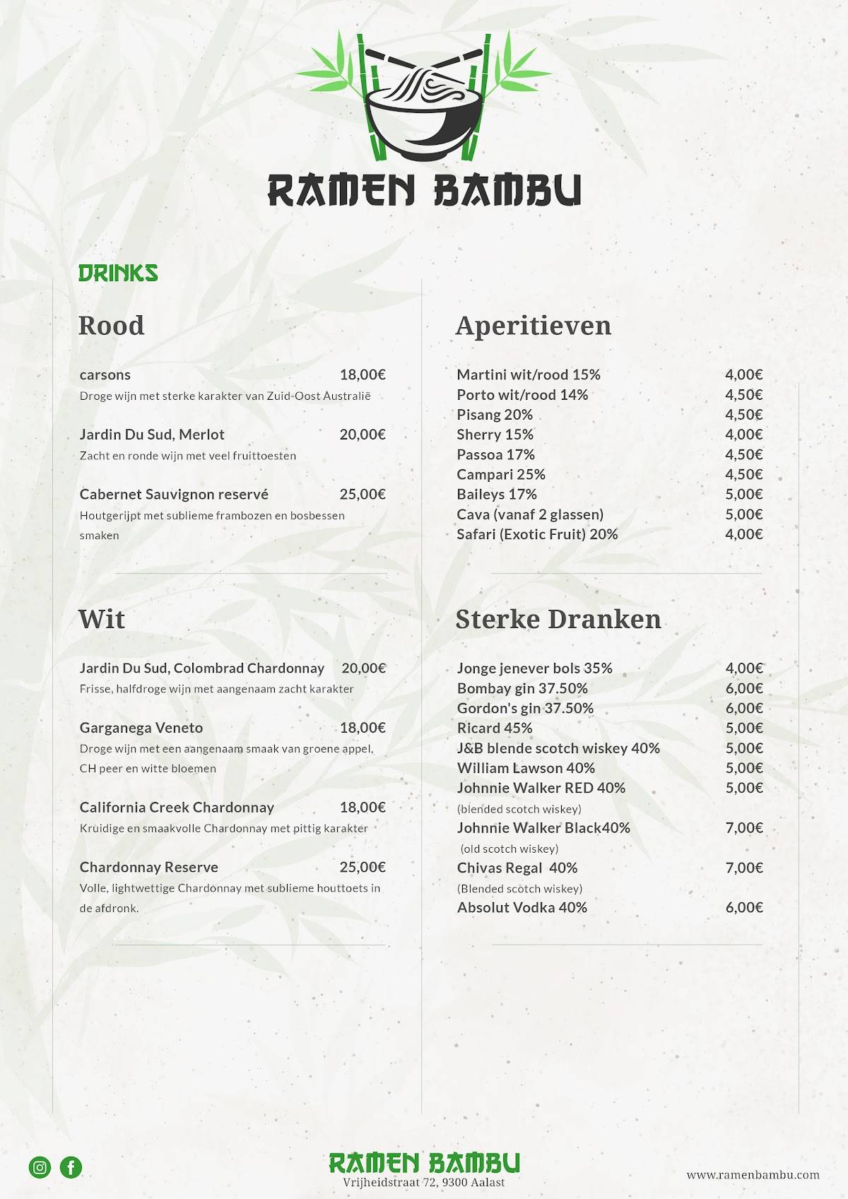Menu au Ramen Bambu Aalst, Alost