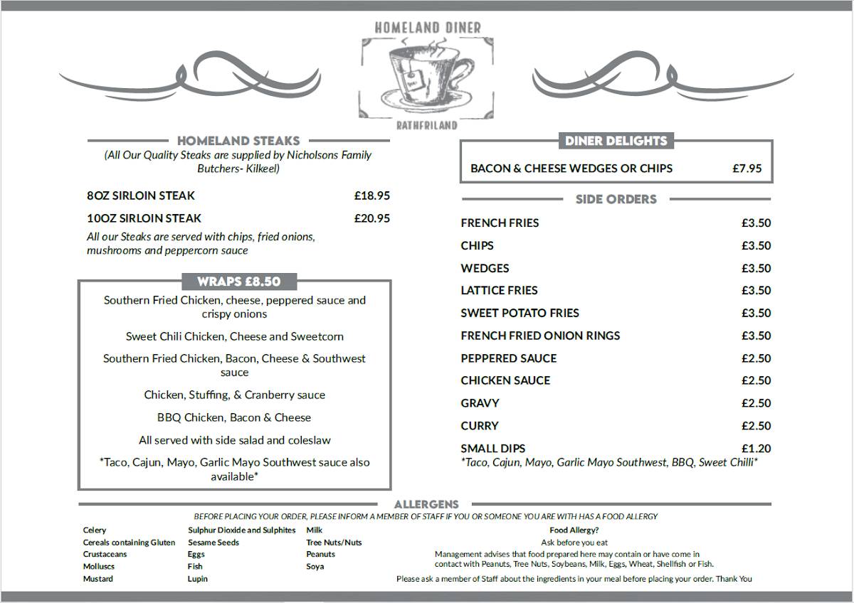 Menu at The Homeland Diner Cafe, Rathfriland