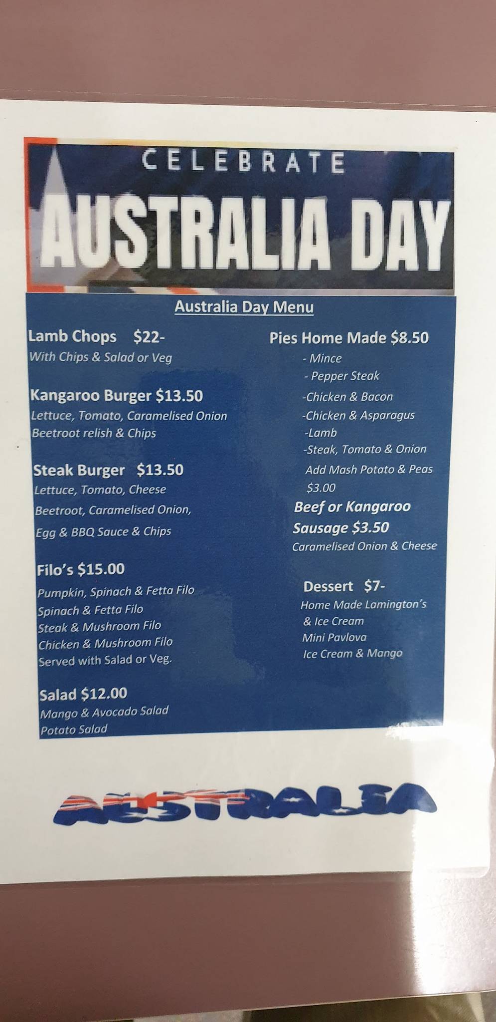 Menu at Rathy pub, Rathdowney
