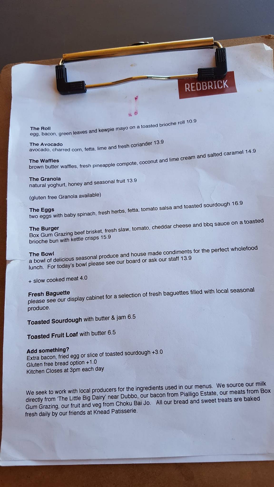 Menu at Redbrick Coffee Curtin cafe, Curtin