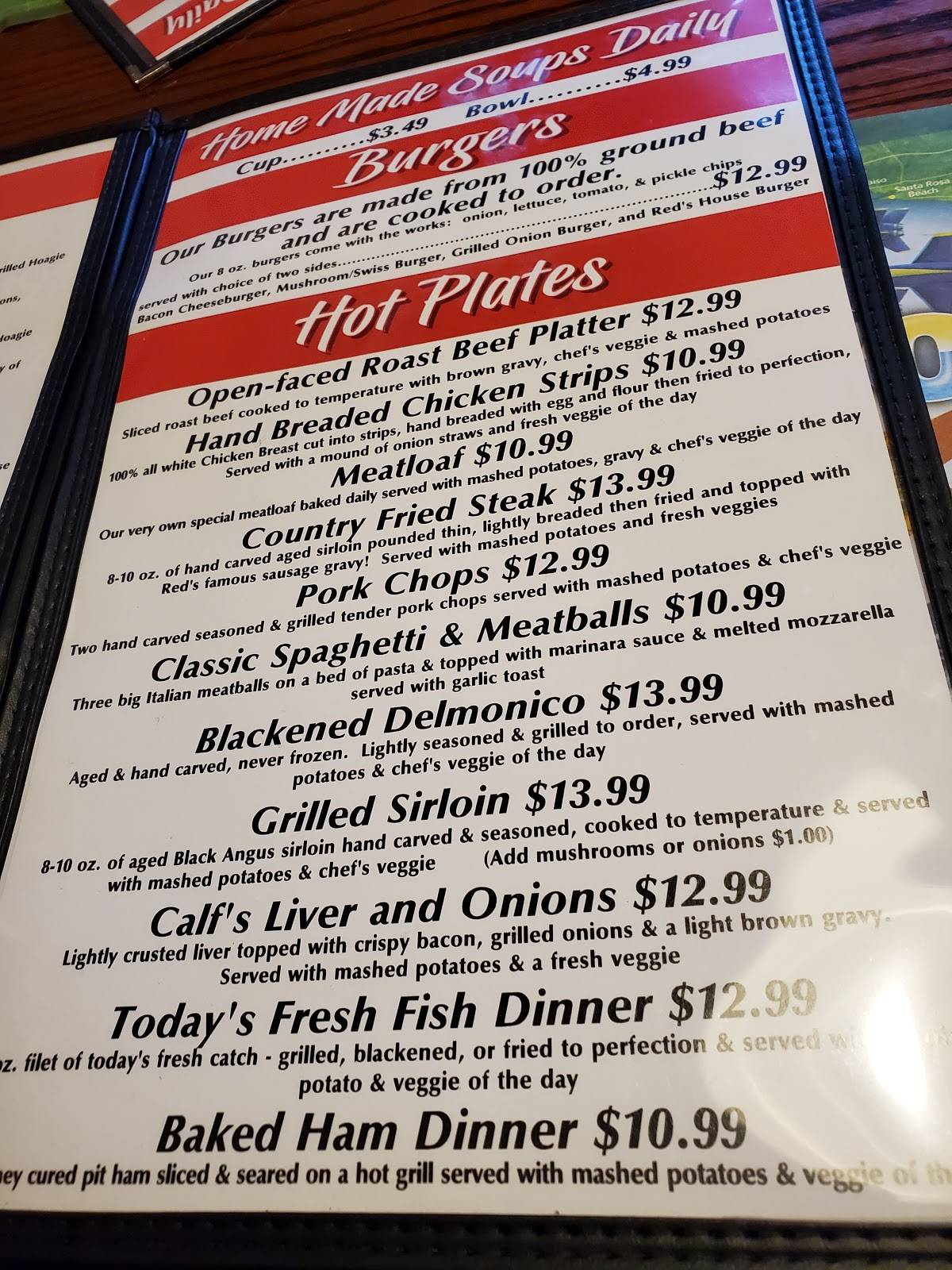 Menu at Red's Restaurant, Hernando