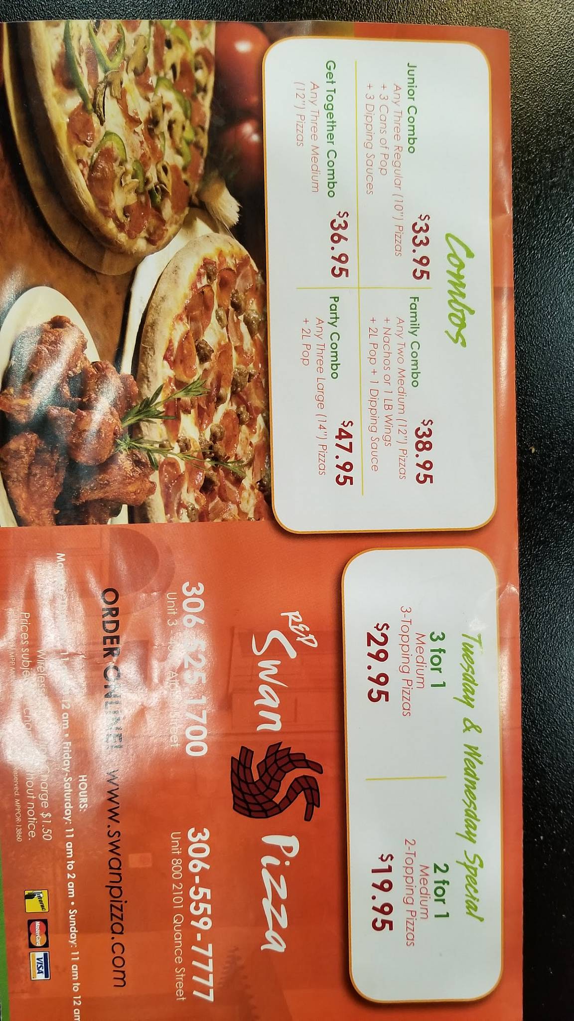 Menu at Red Swan Pizza restaurant, Regina, Albert St