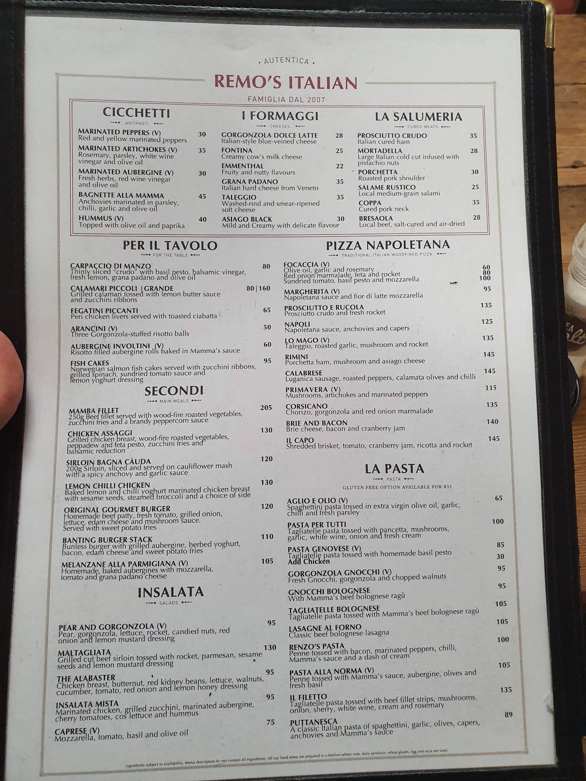 Menu at Remo's Italian restaurant, Port Elizabeth
