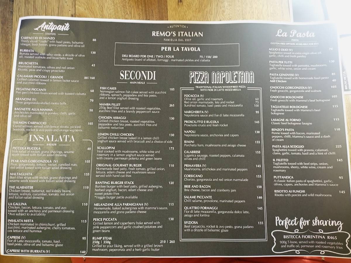 Menu at Remo's Italian restaurant, Port Elizabeth