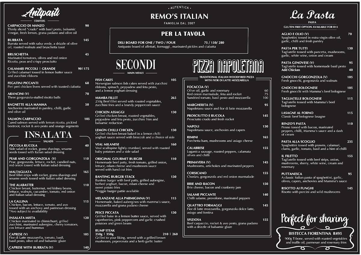 Menu at Remo's Italian restaurant, Port Elizabeth