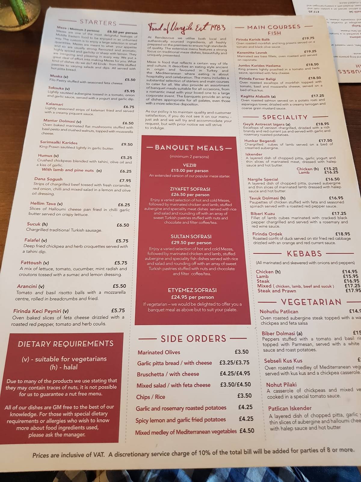 Menu at Rendezvous Nargile restaurant, Aberdeen